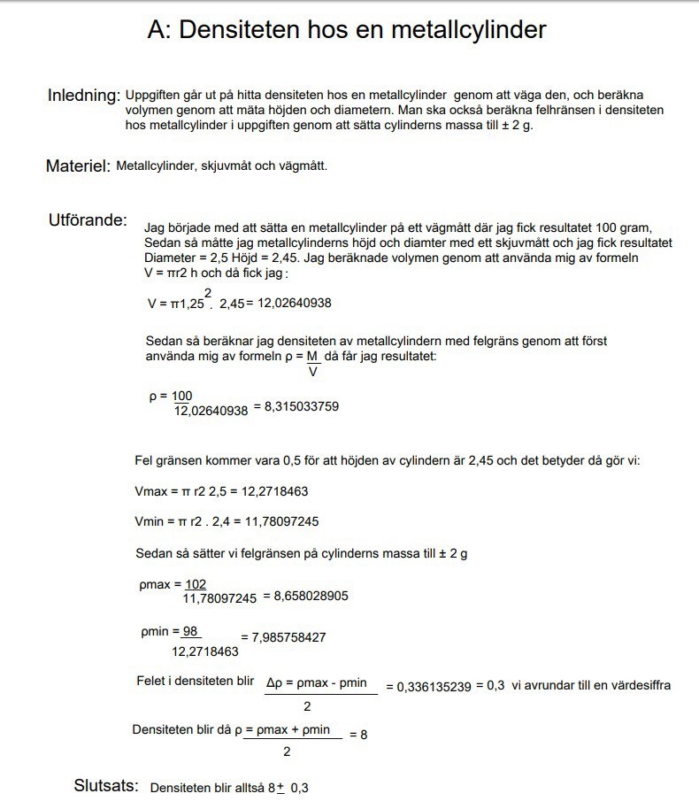 FYSIK 1 LABORATION (Densitet, Tyngd, felberäkning) (Fysik/Fysik 1 ...