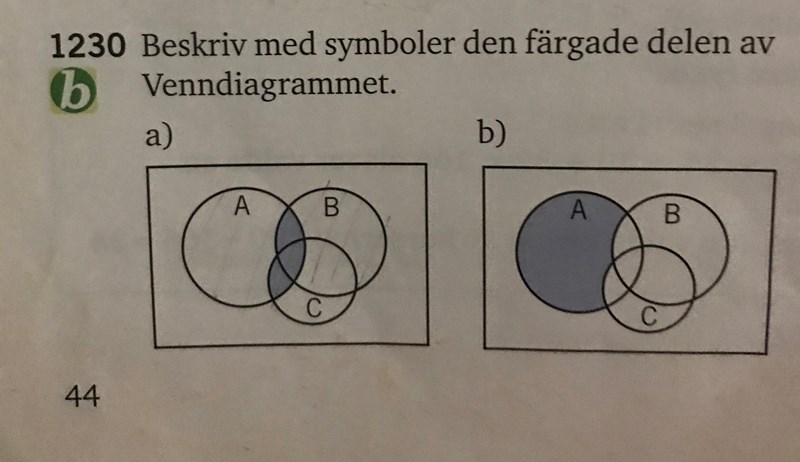 Beskriv med symboler det färgade området av Venndiagrammet (Matematik ...