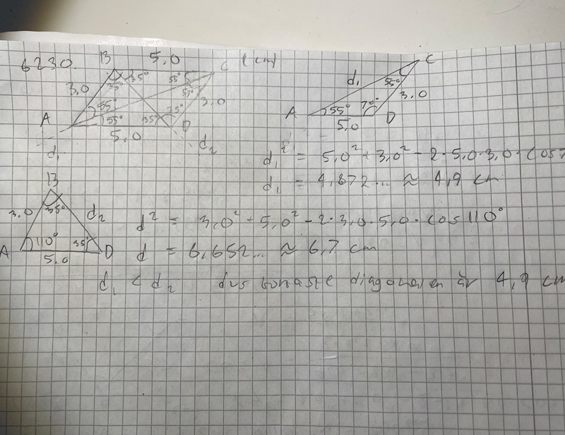 Beräkna längden av den kortaste diagonalen (Matematik/Matte 3 ...