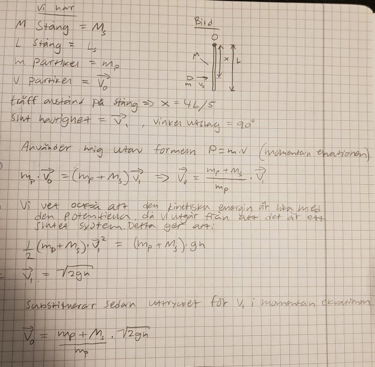 En partikel som kolliderar med en homogen stång, beräkna farten på ...
