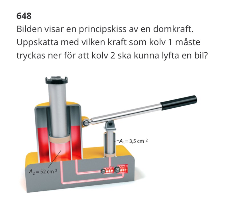 Uppskatta med vilken kraft som kolv 1 måste tryckas ner för att kolv 2 ...