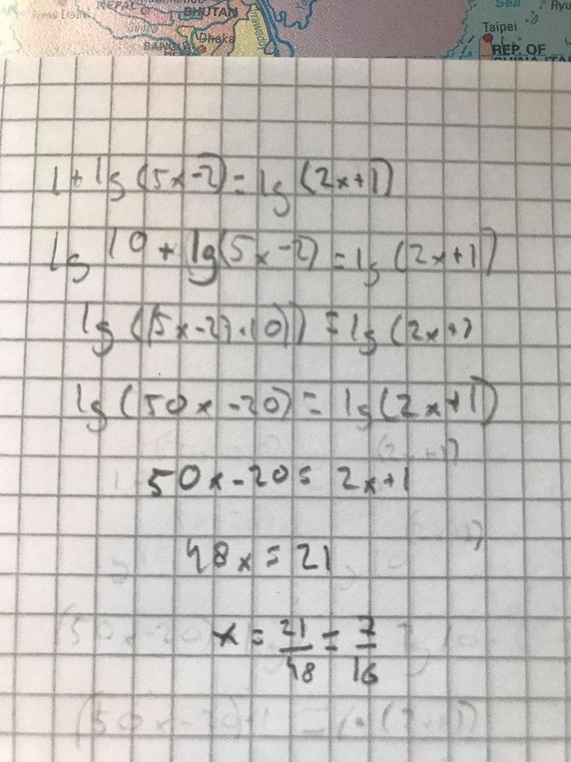 1+lg(5x-2)=lg(2x+1) (Matematik/Matte 2/Algebra) – Pluggakuten