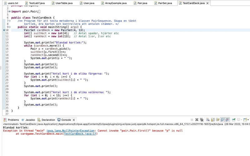 Kodfel, simulering av kortlek (Programmering/Java) – Pluggakuten